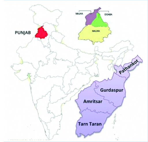 Map showing the four districts of Majha region of Punjab in India where ...